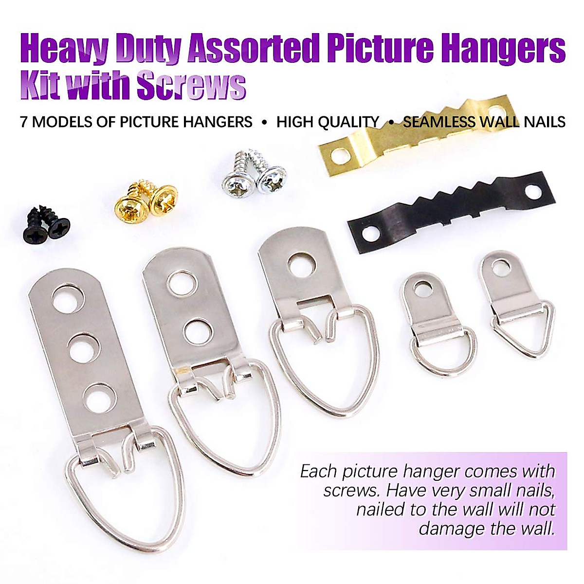 Swpeet 415Pcs Picture Hangers Kit with Screws, Heavy Duty Assorted Picture Hangers Assortment Kit for Picture Hanging Solutions with Transparent Box - 7 Models