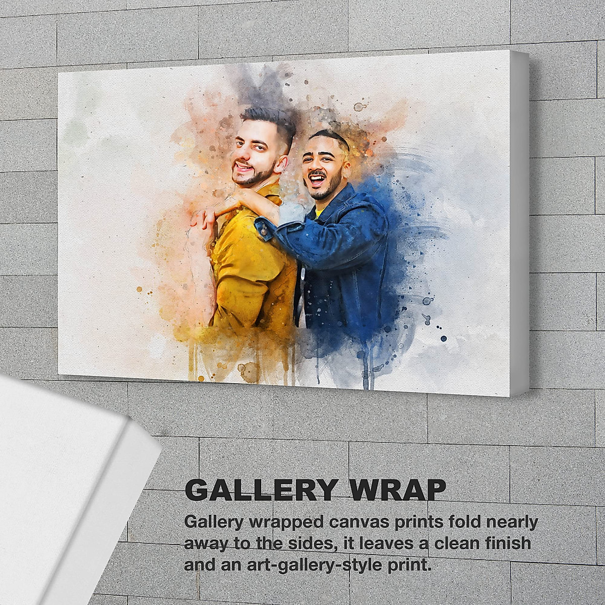 Awesometik Customized LGBT Couple Portrait Watercolor Art on Canvas, Poster LGBT Engagement Gift Memorable Gift for Husband Gift for Boyfriend Canvas Art Wall Art Gay Couple