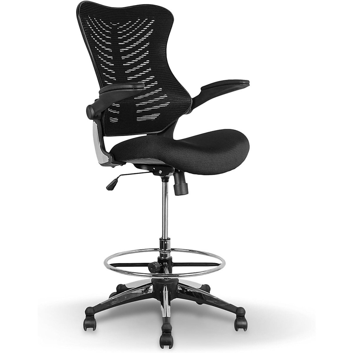 OFFICE FACTOR Stool Clerk Teller Drafting Chair Reception Black Mesh Flip up Armrest Molded Seat with a Single Handle Mechanism (Stool Black MESH Fabric)