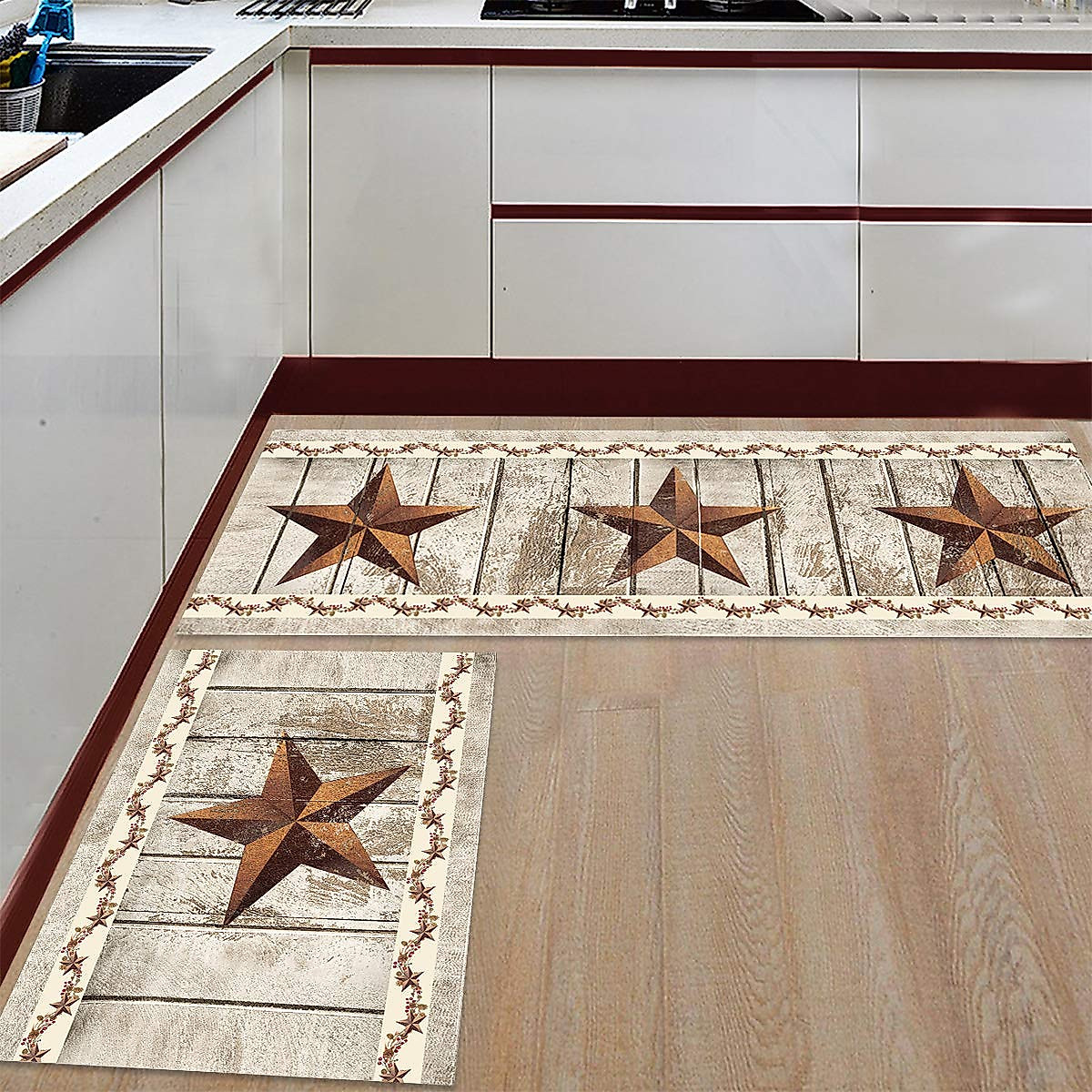 Kitchen Rug Sets of 2 Piece Non-Slip Soft Absorbe Western Texas Star and Primitive Berries on Country Wooden Plank Kitchen Mat Bath Rug Doormat Runner Carpet Set 16"x24"+16"x47"
