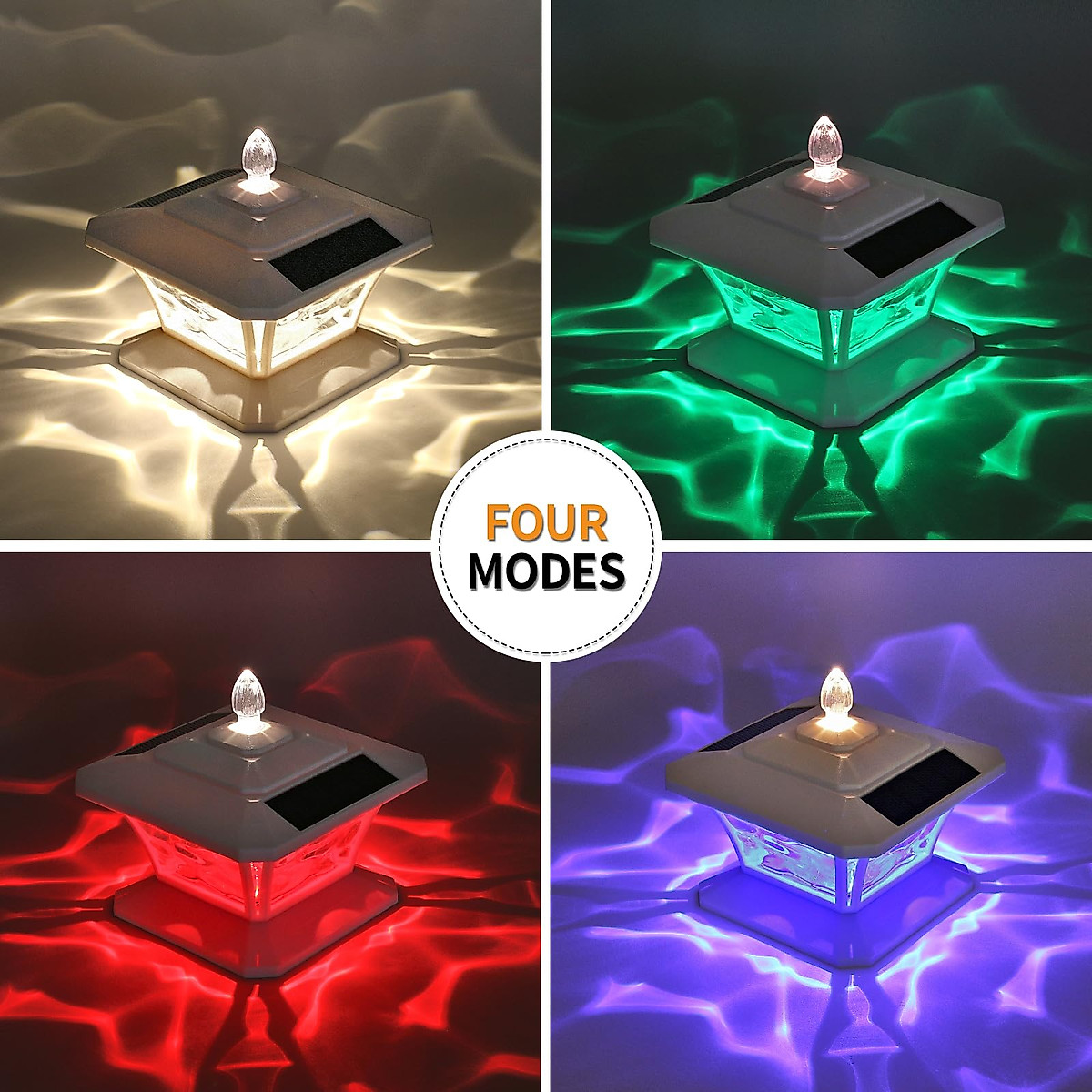 LIEFGARDEN White Solar Post Cap Lights Warm White/Red/Green/Blue 4 Lighting Mode, 15 Lumens 1000mAh Battery IP54 Waterproof, Fits 3.5x3.5 4x4 4.5x4.5 5x5 Fence Post Lights Solar Powered (2 Pack)