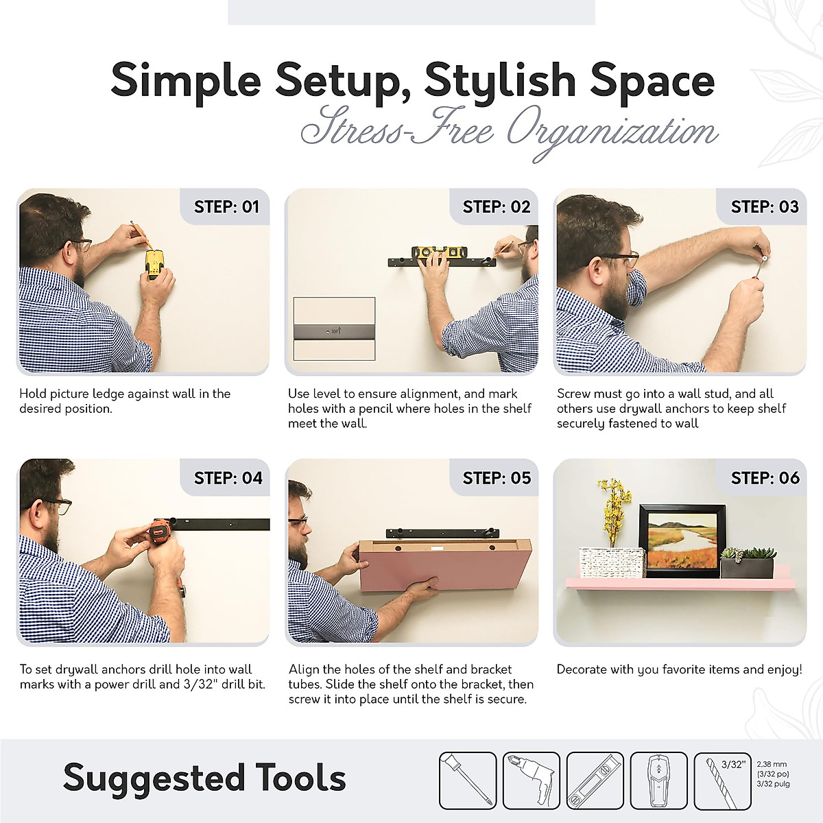 InPlace Pink Picture Ledge Shelf, 24" W x 4.5" D x 3.5" H, 9605012E