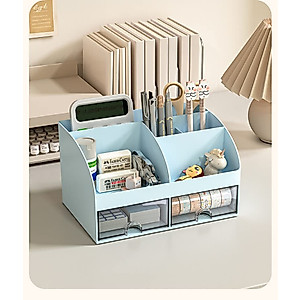 Office Desktop Organizer Box With Different Grids Sorting Storage Box Orderly And Tidy Stationery Organizer Box For Books Paper Clips Pens Office Supplies (Blue)