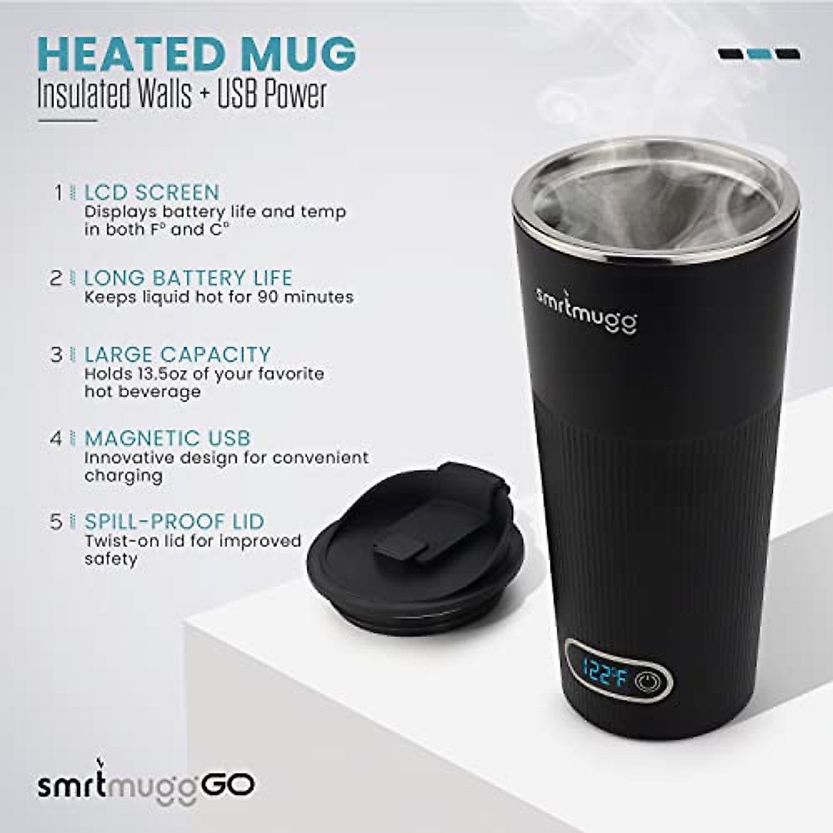 SMRTMUGG GO Heated Coffee Mug, Travel Mug, 13.5 OZ. Smart Mug, Battery Powered Heated Coffee Mug, Great for Coffee and Tea, Snap on Magnetic Charging Cord (Black)