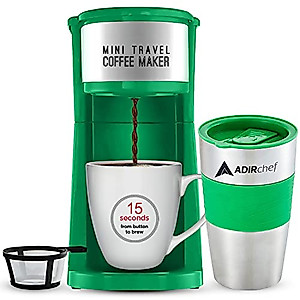 AdirChef Single Serve Mini Travel Coffee Maker & 15 oz. Travel Mug Coffee Tumbler & Reusable Filter for Home, Office, Camping, Portable Small and Compact (Green)