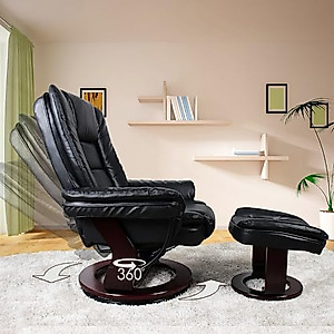 JC Home Contemporary Black Leather Recliner and Ottoman with Swiveling Mahogany Wood Base