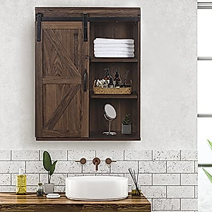 Rustory Rustic Wooden Wall Mounted Storage Cabinet with Sliding Barn Door, Decorative Farmhouse Medicine Cabinet for Kitchen Dining, Bathroom, Living Room (Dark Walnut)