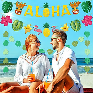 Hawaiian Aloha Party Decorations - Gold Glittery Aloha Banner for Hawaii Tropical Luau Themed Party Supplies
