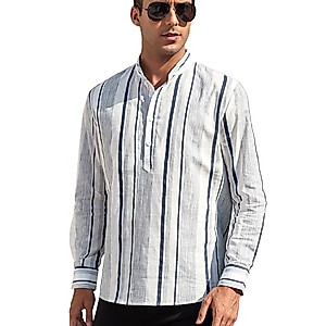 ZAFUL Men's Casual Linen Striped Henley Shirts Long Sleeve Hippie Tops T Shirts