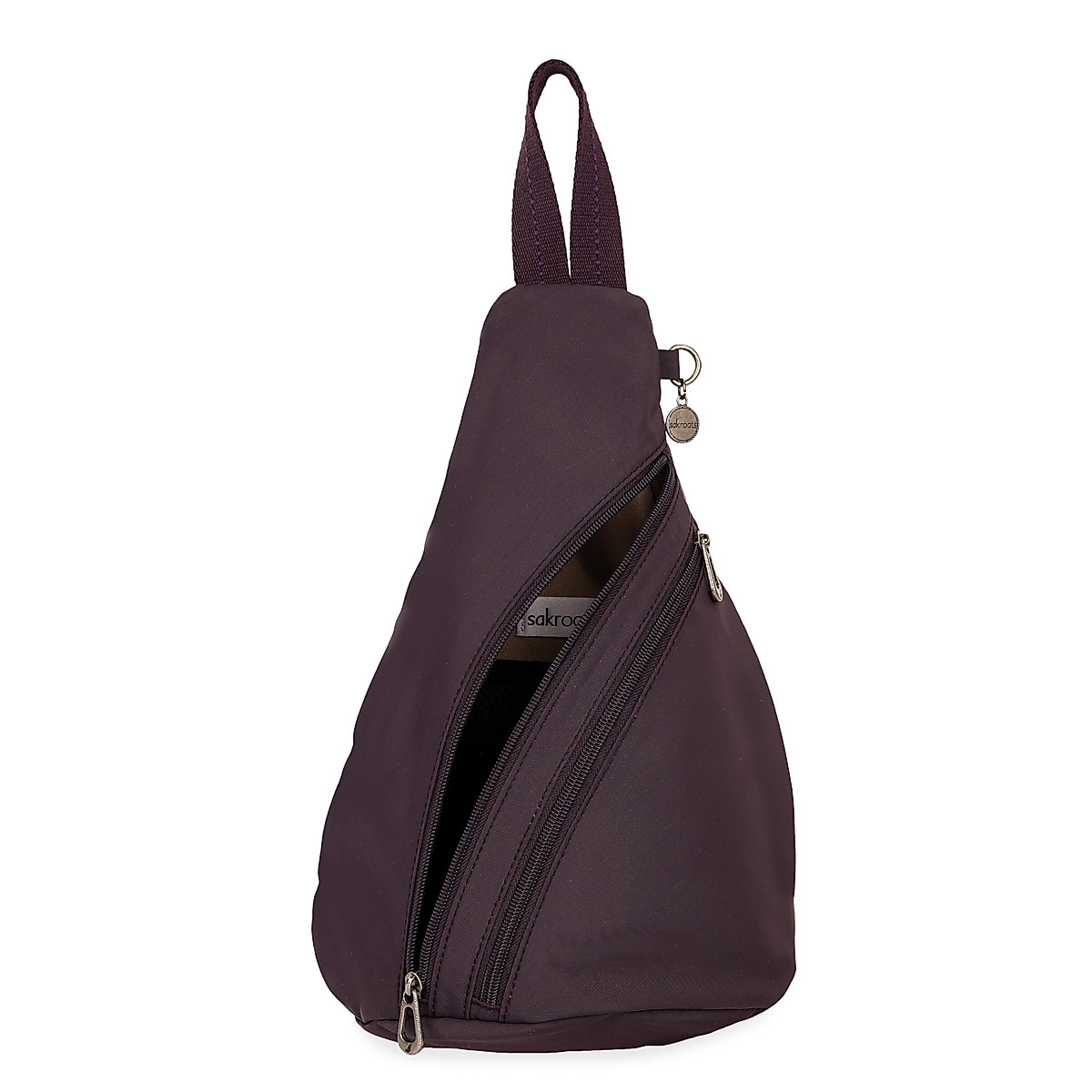 Sakroots On The Go Sling Backpack in Eco Twill, Adjustable Sling Strap, Aubergine