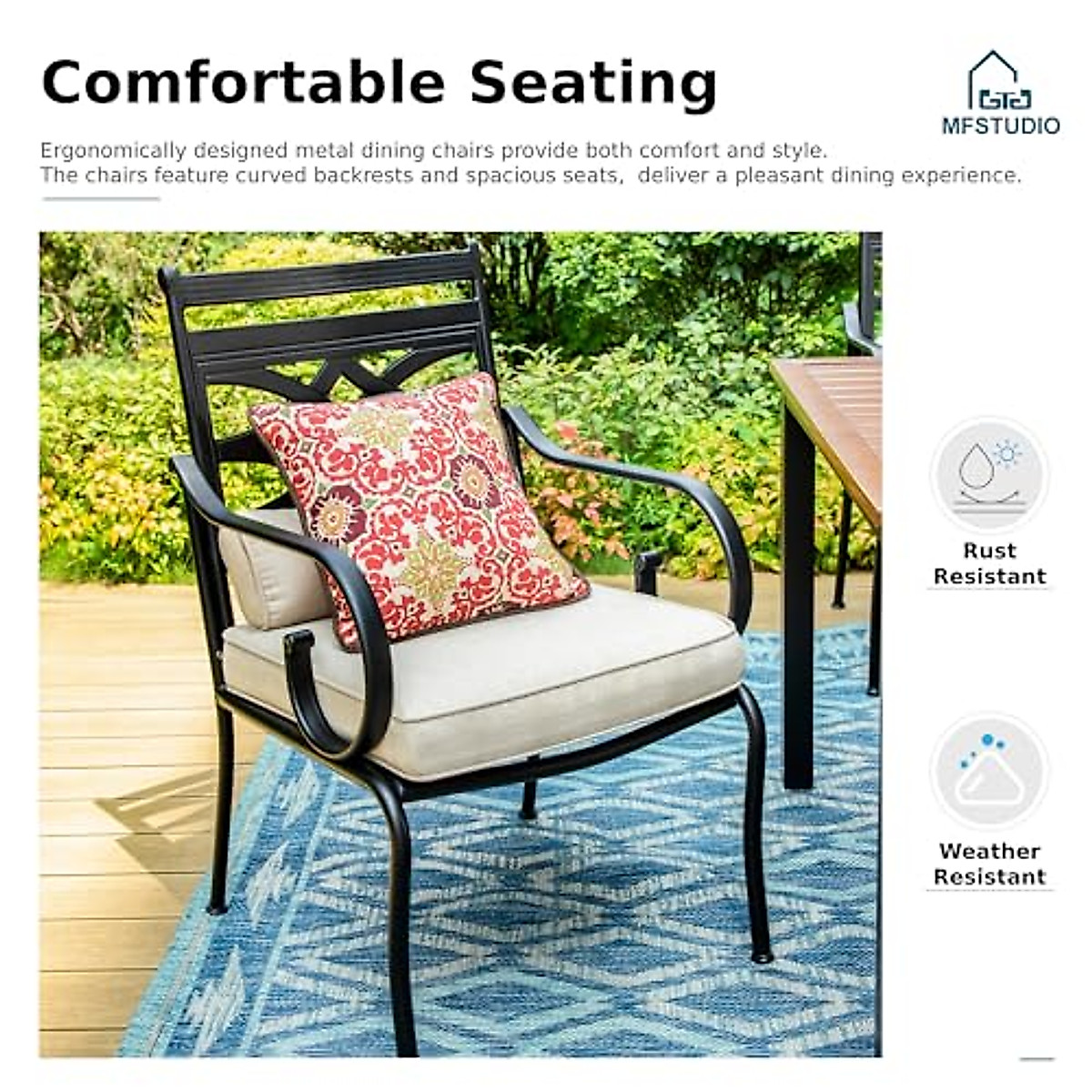 MFSTUDIO 7 Pieces Outdoor Patio Dining Set for 6, Steel Frame Slat Larger Rectangular Fretwork Table with 1.7" Umbrella Hole and 6 Metal Mesh Chairs for Backyard, Garden, Lawn