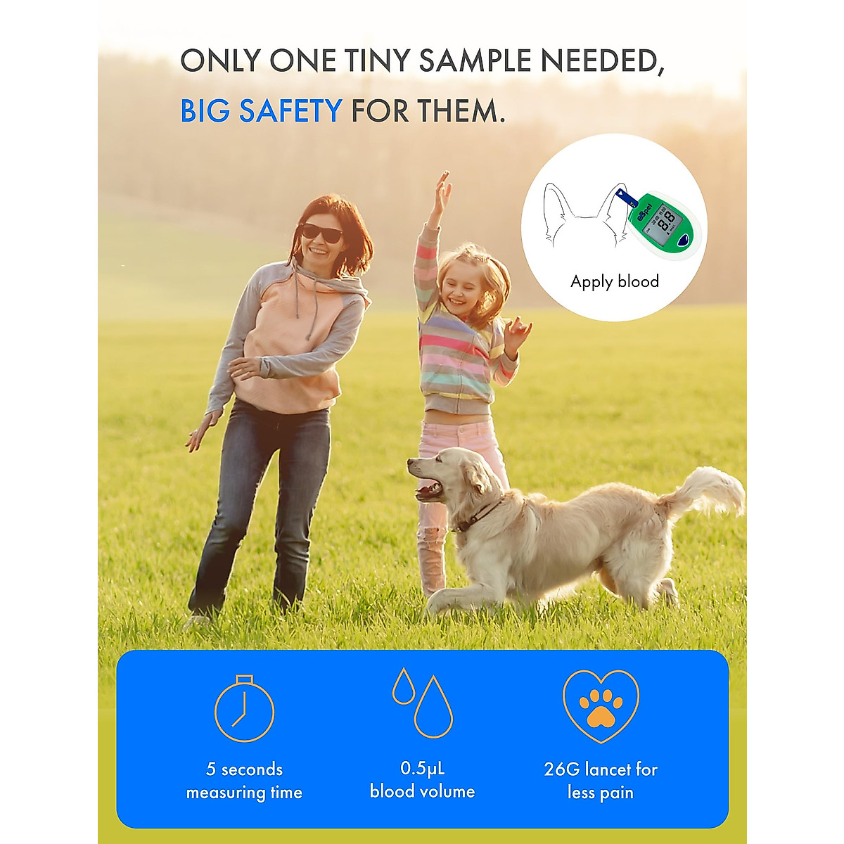 eBmonitor eBpet Blood Glucose Monitor System - Dogs and Cats Glucose Monitoring Kit 25 Blood Glucose Test Strips Lancing Device, Battery, 26 Gauge Sterile Lancets, and Carrying Case, Animal Care, Easy Switch between dogs and cats