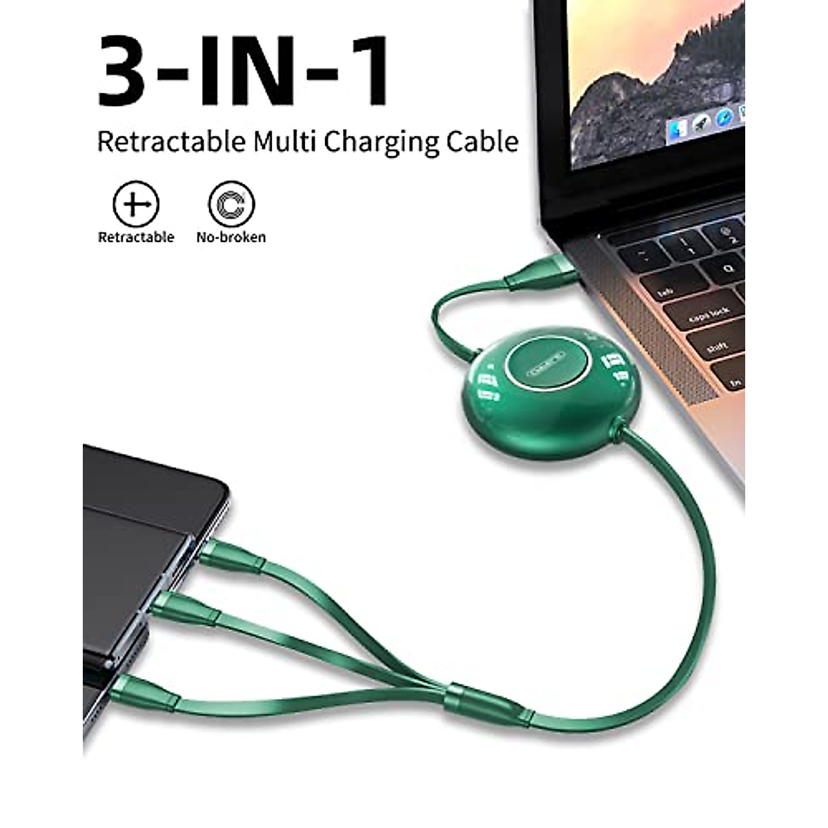 CAFELE [2023 Upgraded] Multi Charging Cable, [No Tangled] Retractable Phone Charger Cord with USB C/Micro USB/I Port for Phones and Tablets,3A,3.3FT,Compact for Car/Travel