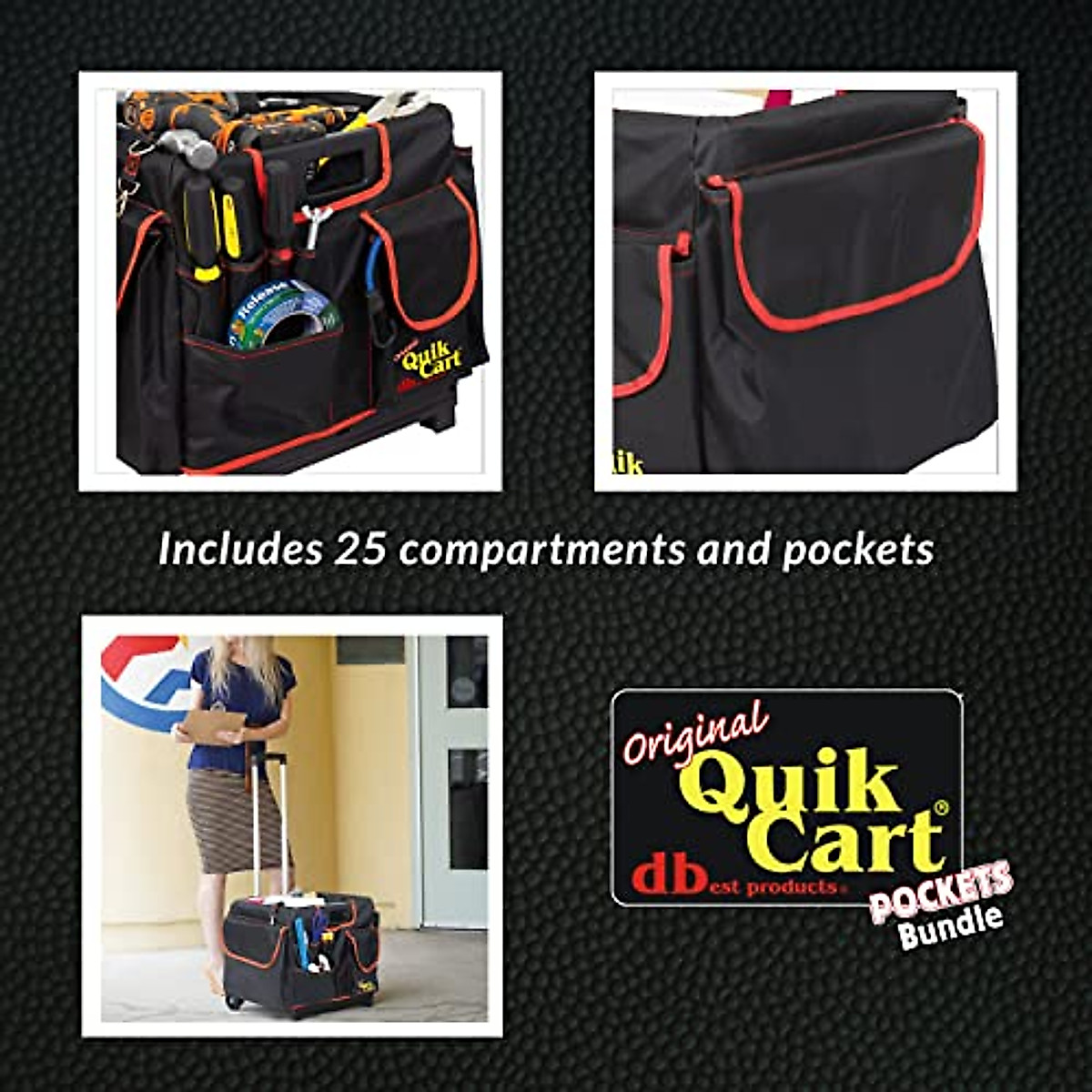 dbest products Quik Cart Pockets Bundle Caddy Organizer Teacher Tote Rolling Crate Mobile Tool Storage Fabric Cover Bag, Black