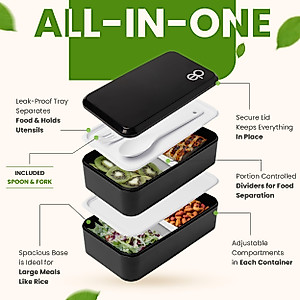 Stackable Bento Lunch Box for Adults with Utensils - Leakproof Bento Box Adult Lunch Box Containers w/ Compartments & Dividers, BPA-Free, Microwave/Dishwasher Safe, 5" x 7" x 4.5", Black w/ Strap