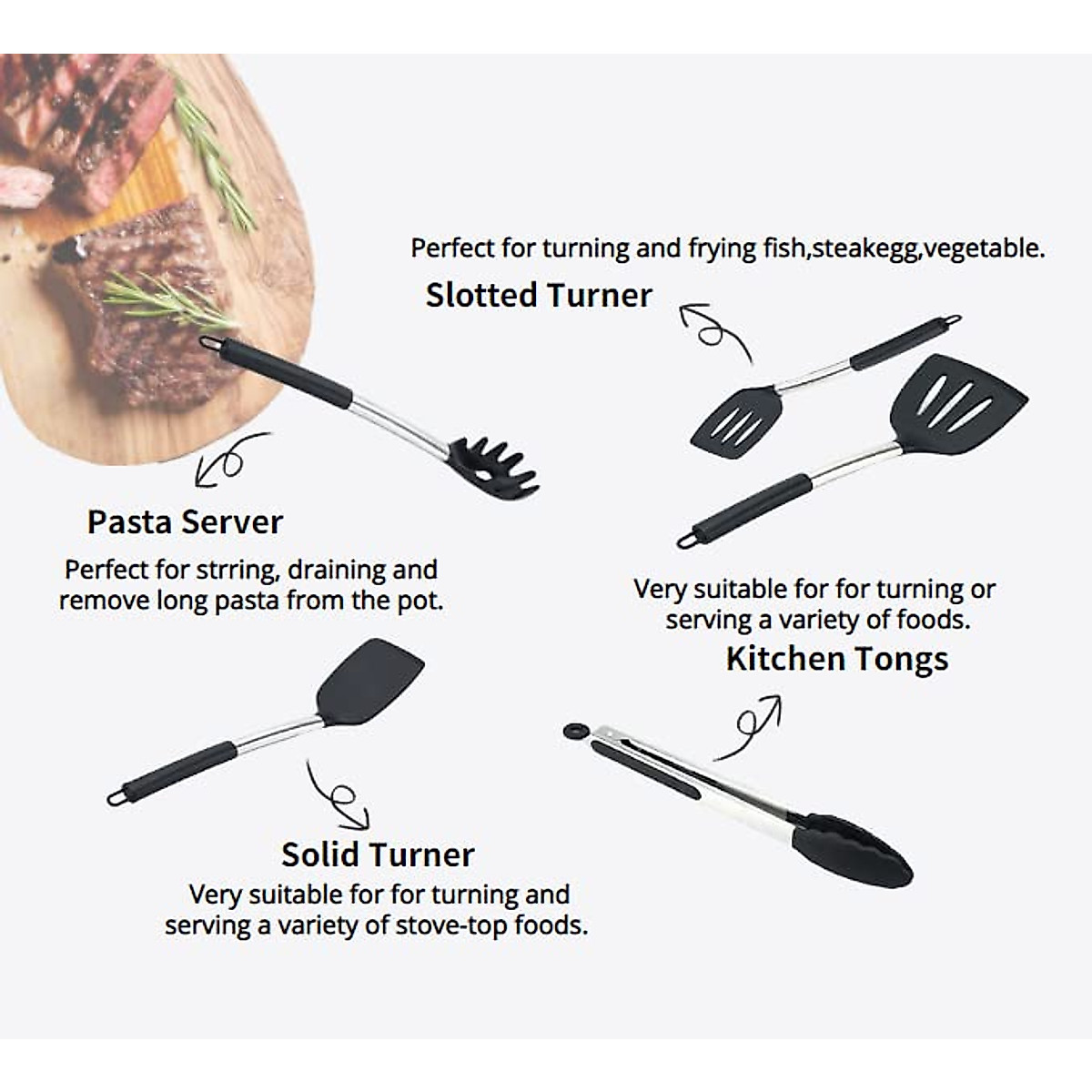 DMFC Kitchen Utensils Set 15 Pieces Kitchenware Supplies Set Silicone Stainless Steel Handle Cooking Nonstick Pot High Temperature Resistant Spatula Spoon Kitchenware. (Black)