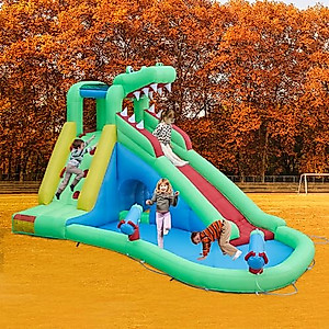 Inflatable Water Slides for Kids - Kinsuite Inflatable Bounce House Water Slide w/Jumping Area Climbing Wall Water Cannon Splash Pool Tunnel Indoor Outdoor Play (with 680W Air Blower)