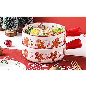 SHIIANN 22 Oz Ceramic Soup Bowl with Handles Set of 2, French Onion Soup Crocks, Porcelain 6 Inch Microwave and Oven Safe Bowls, Cherry hand-painted pattern
