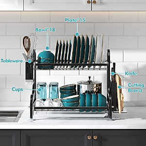 MAJALiS Dish Drying Rack for Kitchen Counter, 2 Tier Large Dish Drainers with Drainboard Set and Utensil Holder, Dish Dryer Strainer (Black, Stainless Steel)