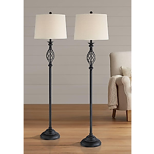 Franklin Iron Works Annie Traditional 63" Tall Standing Floor Lamps Set of 2 Lights Iron Scroll Brown Bronze Finish Living Room Bedroom House Reading Office Home Decor Entryway Cream Drum Shade
