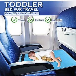 Kids Airplane Footrest, Portable Travel Foot/Leg Rest Baby Hammock Toddler Bed Airplane Seat Extender Mat with Storage Pocket Fits Airplane Flights/High-Speed Rail Seat/Cars/Buses/Trains (Blue)