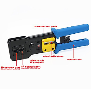 YIOVVOM Pass Through RJ45 Crimp Tool / Wire Stripper / Wire Cutter for RJ11/RJ12 Standard, RJ45 Pass-Thru Connectors (Blue Wire Stripper)