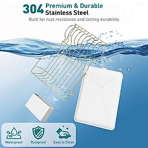 Buruis Dish Drying Rack, Gold Dish Drainer Organizer Includes Removable Drain Board and Utensil Holder, Large Capacity Metal Dish Racks for Kitchen (White)