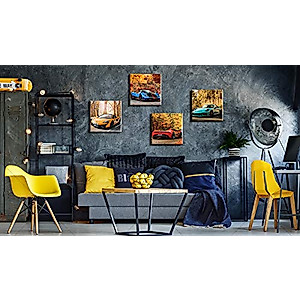 DJSYLIFE Car Posters Boys Room Decor Wall Art Giclee Canvas Prints Autumn Landscape Red Sport Car Pictures Modern Artwork for Bedroom Home Decorations Painting 12x12 inchesx4 Framed Ready to Hang
