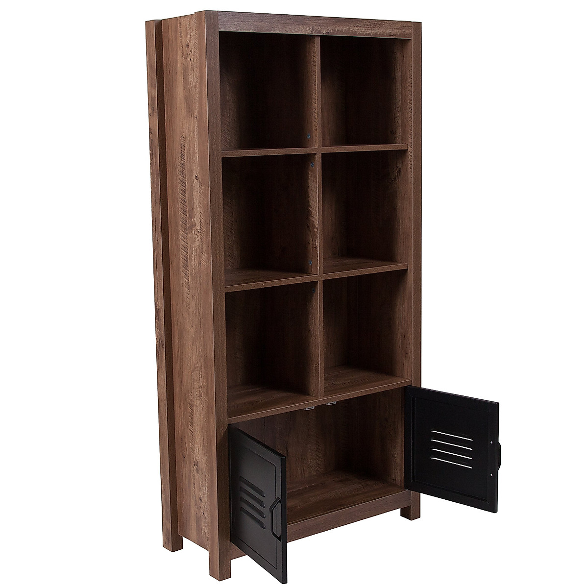 Flash Furniture New Lancaster Collection 59.5"H 6 Cube Storage Organizer Bookcase with Metal Cabinet Doors in Crosscut Oak Wood Grain Finish