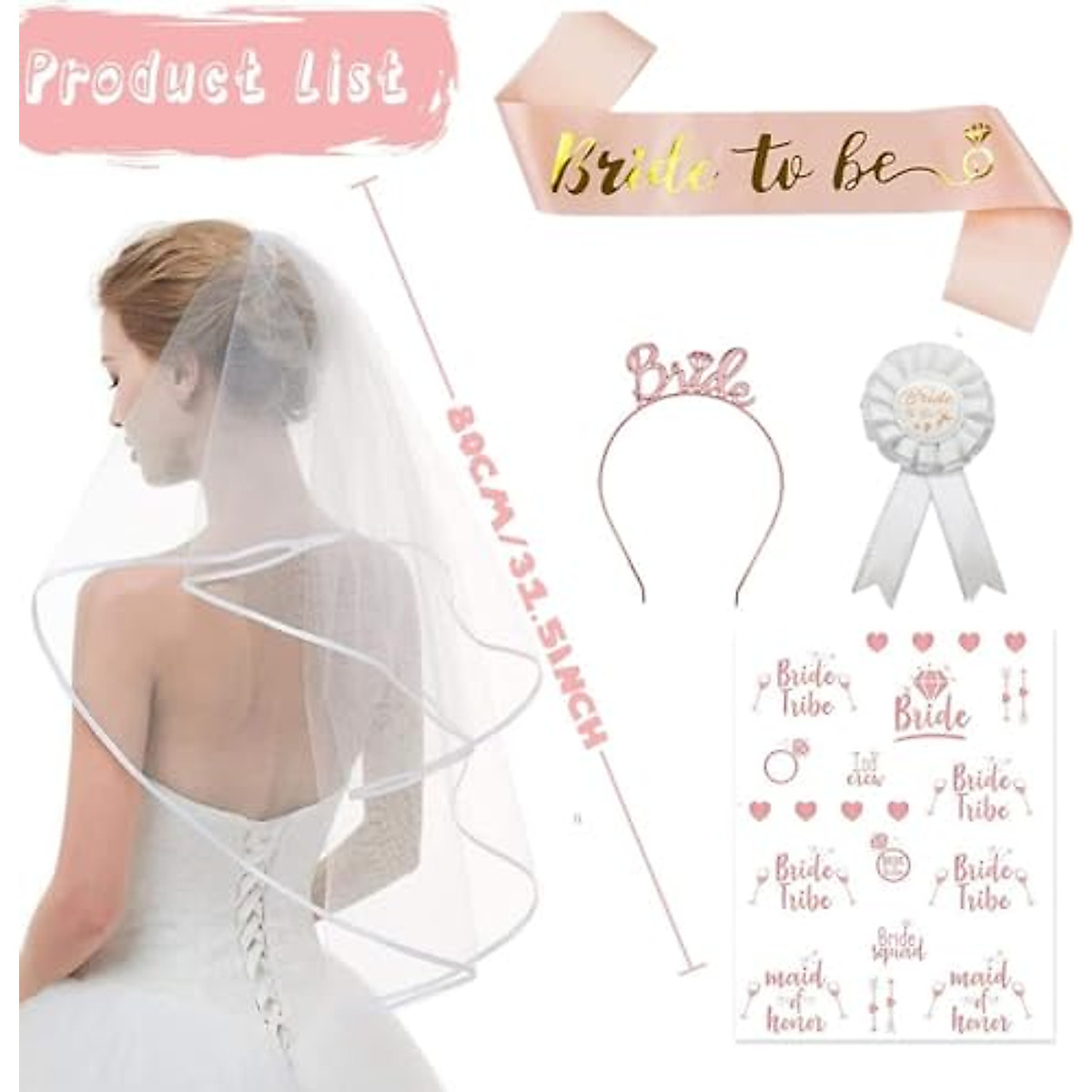 Lecone Bridal Shower Decoration, 5 Pieces Bride to be Sash and Veil Bride Headband Tiara Garter Bride Shower Decor Wedding Veil Hair Accessories