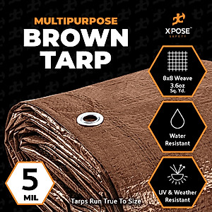 Multipurpose Protective Cover Brown Poly Tarp 6' x 8' - Durable, Water Resistant, Weather Resistant - 5 Mil Thick Polyethylene - by Xpose Safety