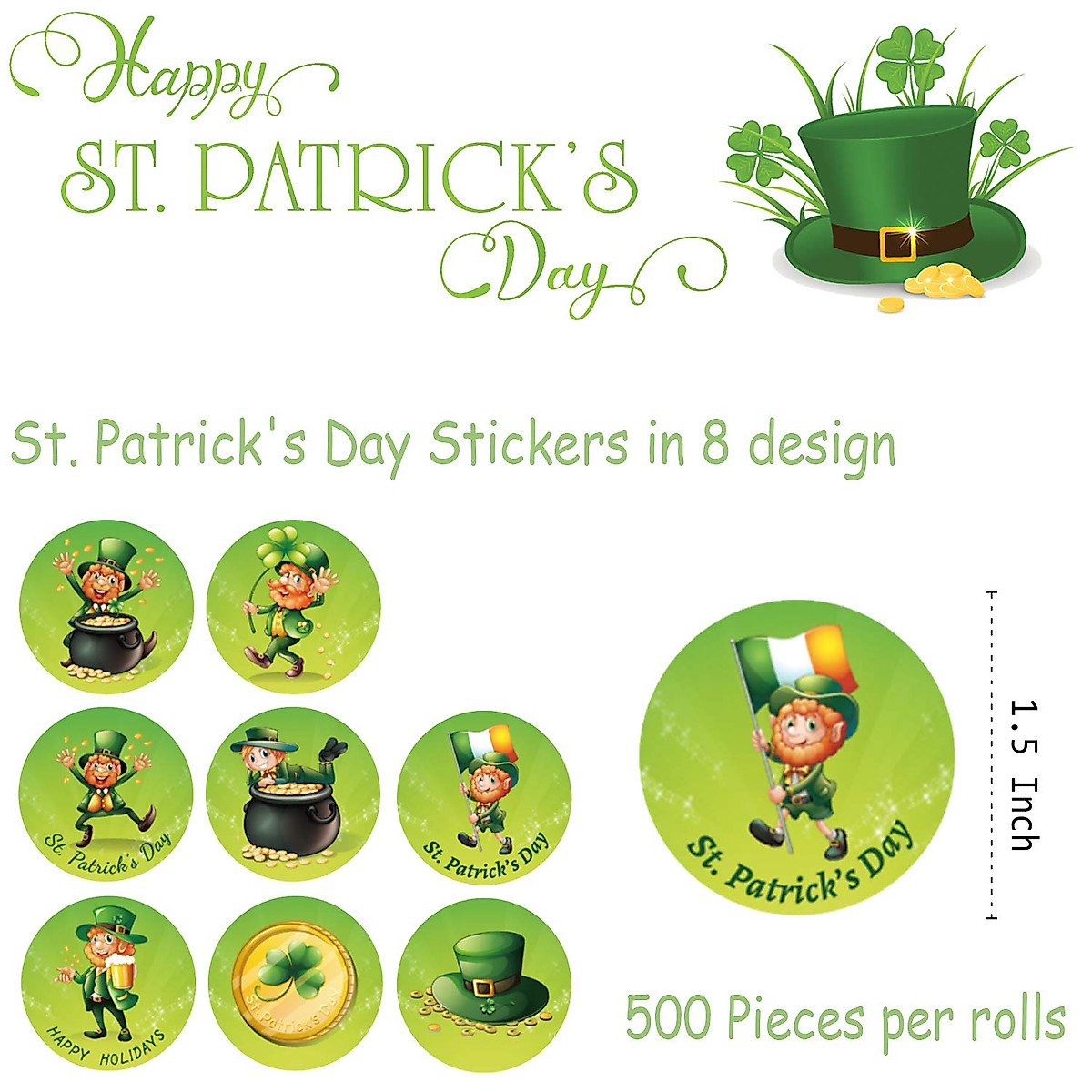 St. Patrick's Day Stickers Roll Irish Shamrock Decals Teacher Reward Stickers Lucky Leprechaun Stickers for Envelope Seals Gift Box