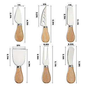 6 Pcs Cheese Knives Set, Cheese Knives with Cheese Slicer Cheese Cutter Cheese Fork, Stainless Steel Cheese Spreading Knife for Charcuterie Boards and Cutlery Gift Set(Oak Handle)