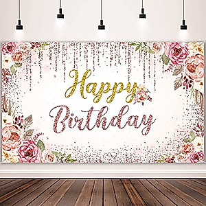 Rose Gold Happy Birthday Backdrop for Girls Women Happy Birthday Party Photography Background Decoration Photoshoot Banner (6.1 x 3.6ft)