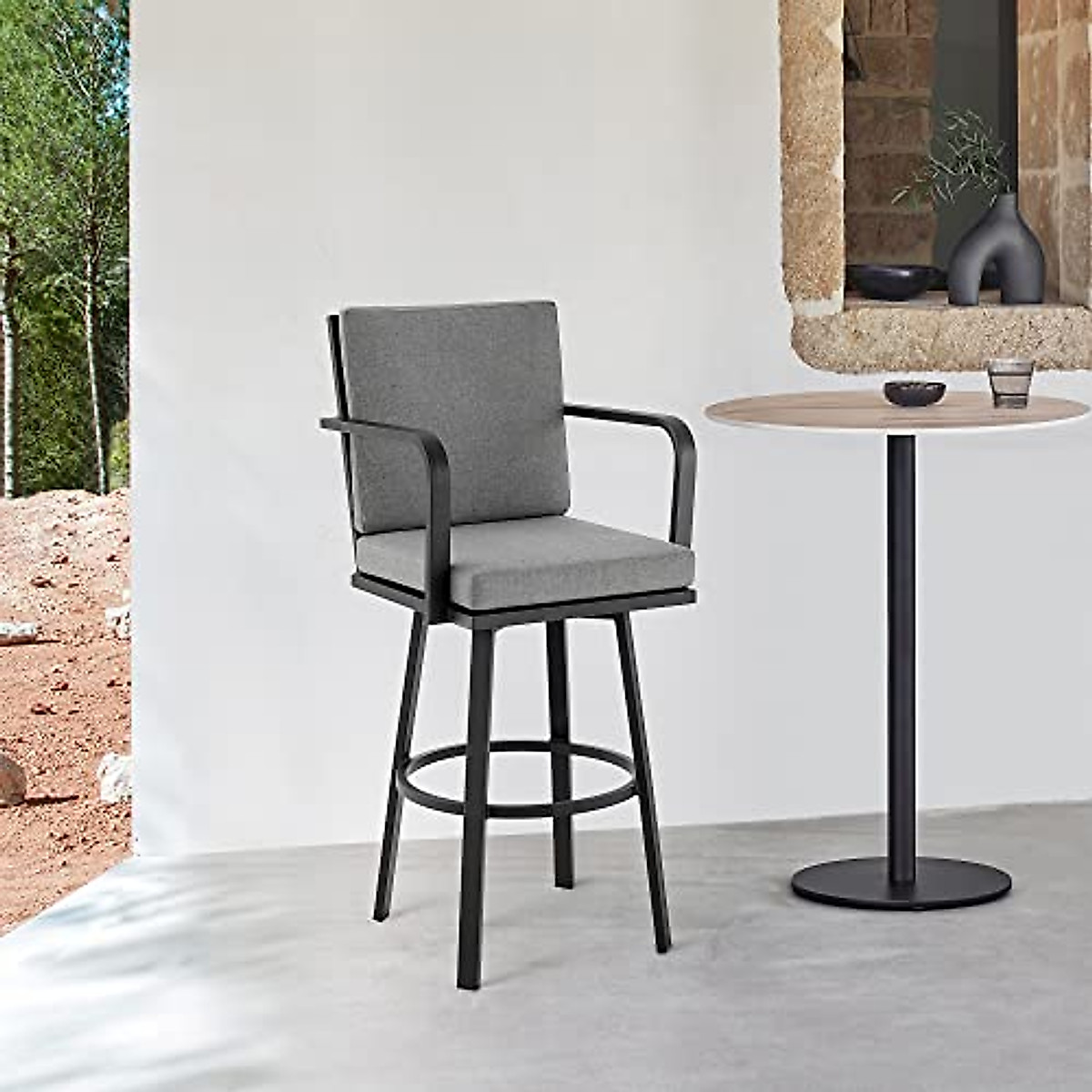 Don 30" Outdoor Patio Bar Stool in Black Aluminum with Grey Cushions