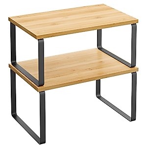 YONDERLIVICE Cabinet Shelf Organizers, Set of 2 Stackable Cabinet Organizers, Kitchen Counter Organizer, Expandable Spice Racks, Metal and Bamboo, Black and Natural