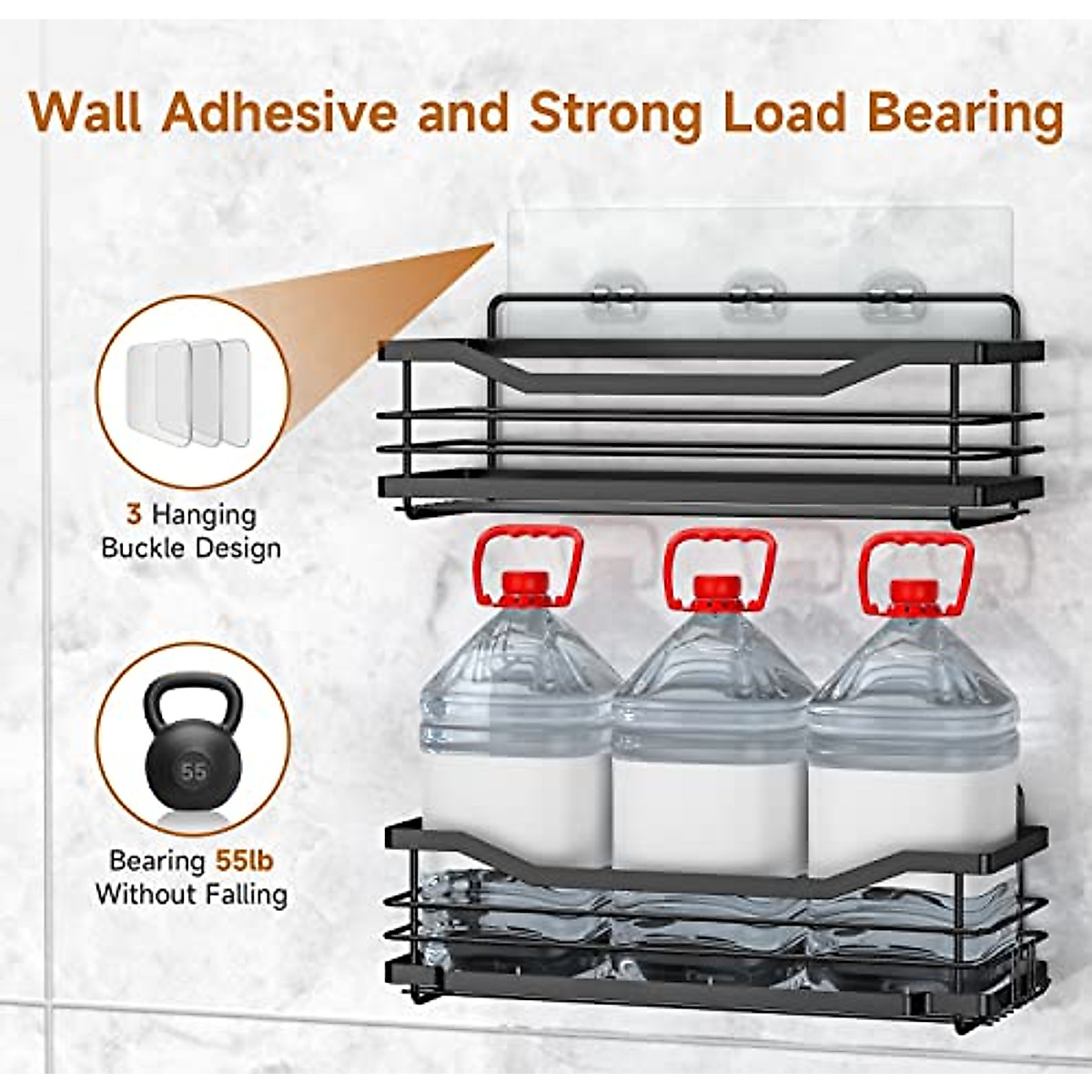 Hesento 4-Pack Shower Caddy, Strong Adhesive Shower Organizer Shelf with 2 Hooks, No Drilling Rustproof SUS304 Stainless Steel Shower Shelves for Bathroom, Toilet, Kitchen (Matte Black)