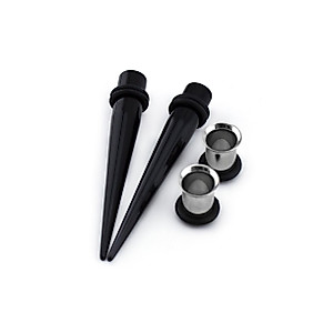 Urban Body Jewelry 0 Gauge Ear Stretching Kit - (0G - 8mm) 2 Black Acrylic Tapers & 2 Steel Tunnels (4 Pieces)