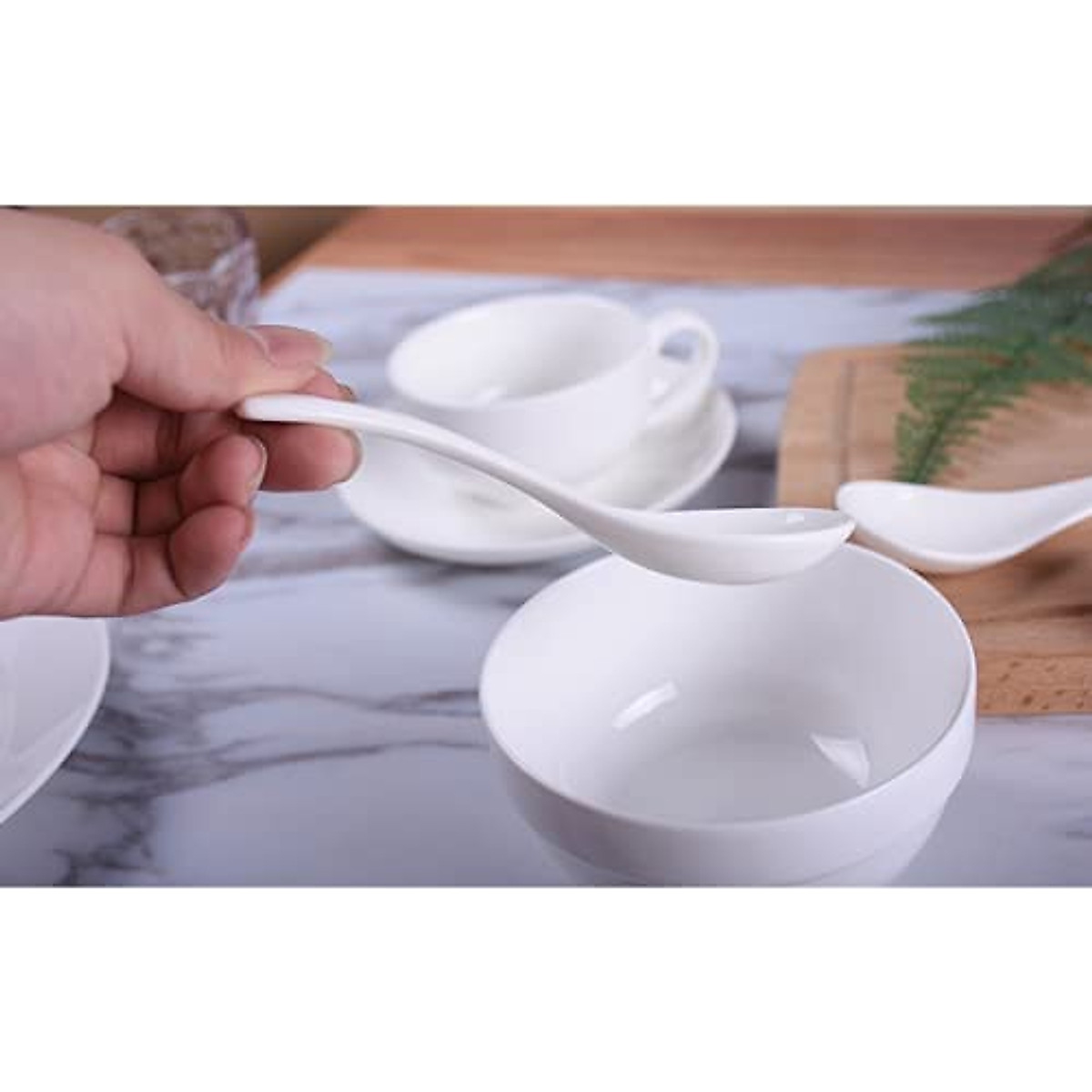 10 Pack White Ceramic Soup Spoons,Wonton Soup Spoons,Asian Soup Spoon Set,5"Kid Spoons,Tasting Spoon,Side Dishes,Table Spoons,Small Appetizer Spoon,Stackable Ramekins Can Stand,Deep Oval Design