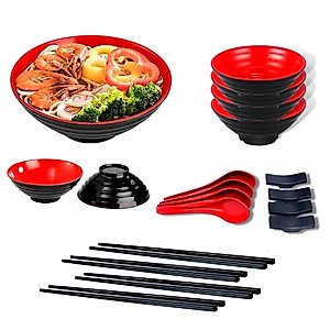 ROHGAN, Set of 4 (20 Pcs) Ramen Bowls with chopsticks - 32 OZ with Melamine Bowls & Spoons Complete Dinnerware Set with Chopsticks & Holders- Japanese style Naruto Ramen Bowl and Asian Soup Spoons