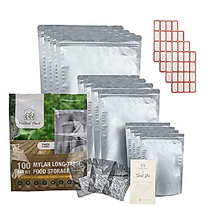 Habitual Heart 100 Thick Mylar Bags for long term food storage 130 300cc Oxygen Absorbers & Emergency Food Kit Gusset Stand-Up Ziplock Resealable Bags 9.5 mil Thick 3 sizes: Gallon Quart 1/2Pint
