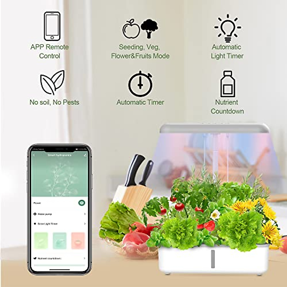 Hydroponics Growing System Indoor Garden, Indoor Gardening System with 14 Pods, WiFi Indoor Herb Garden, Indoor Herb Garden Kit with Grow Light, Auto Pump, 5L Water Tank, Adjustable Height Up to 20.6"