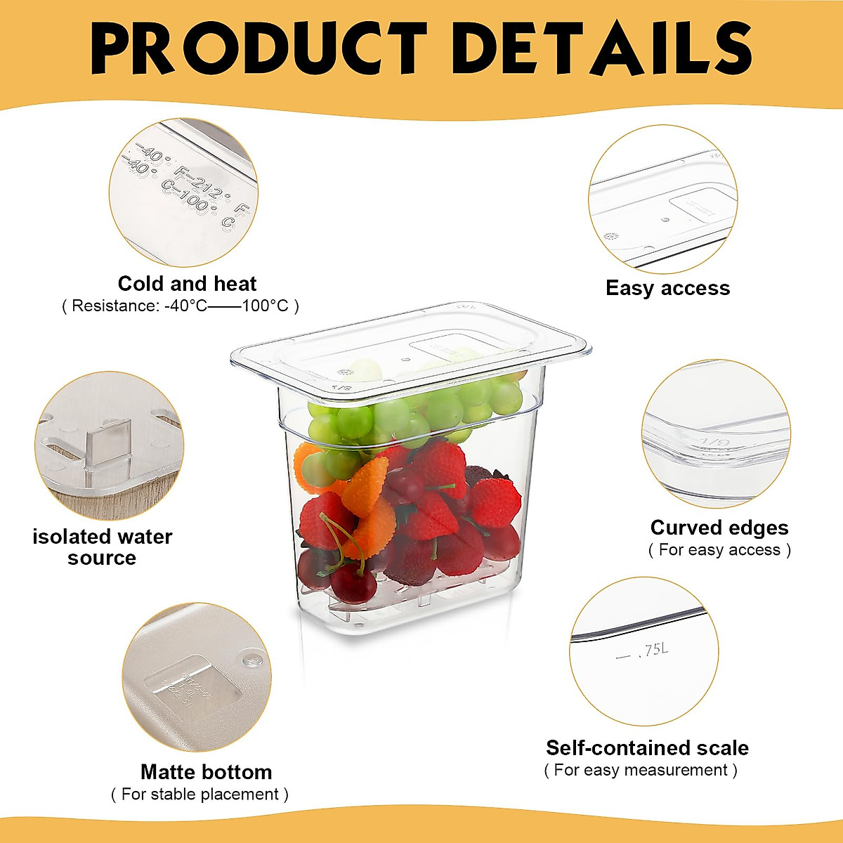 Sunnyray 6 Set 1/9 Size Polycarbonate Food Pans with Lids and Drain Shelf Deep Square Food Storage Containers for Kitchen Restaurant Fruit Vegetable Food Storage (6 inch deep)