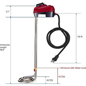 KD 1600W Immersion Bucket Water Heater, Auto Shutoff, Overheating Prevention, Auto Water Level Senor, Adjustable Thermostat, Easy-to-Use (RED / 1600 WATT)
