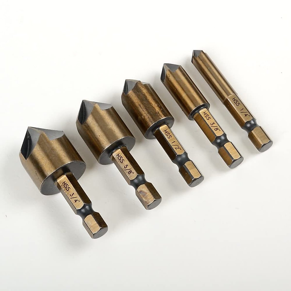 5 pc Countersink Drill Bit Set, 5 Pieces High Speed Steel 82 Degree 5 Flute 6mm Round Shank Mill Cutter Bit Countersink in Sizes 1/4” 3/8” 1/2” 5/8” 3/4” Set with Carrying Case. by ATE Pro. USA