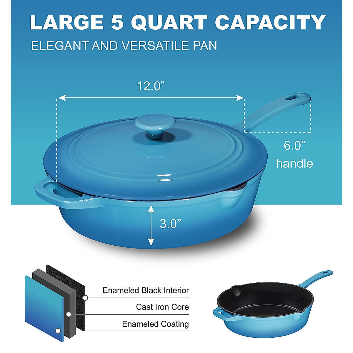 Bruntmor 5 Qt Turquoise Enamel Cast Iron Sauté Pan With Lid, 5 Quart Oven Safe Cast Iron Skillet, Cast Iron Grill Pan Set, Nonstick Cookware And Bakeware For Casserole Dish
