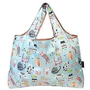 allydrew Large Foldable Tote Nylon Reusable Grocery Bags, 5 Pack, Cats Everywhere