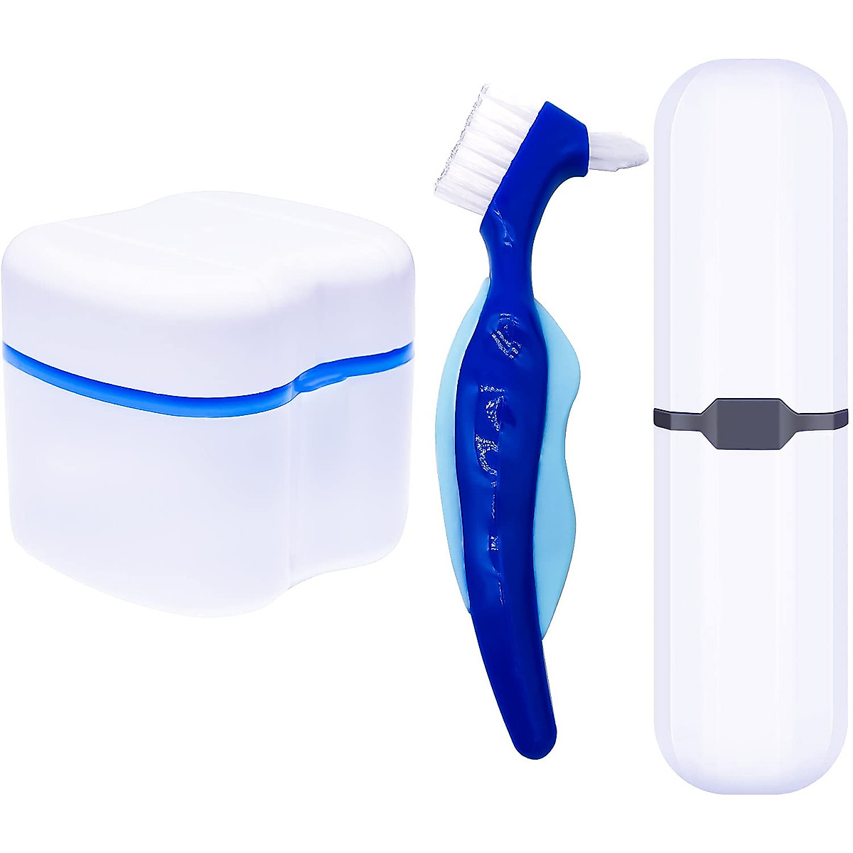 Denture Case,Denture Cups Bath, Toothbrush with hard denture, Dentures Container with Basket Denture Holder for Travel,Mouth Guard Night Gum Retainer Container (Blue)