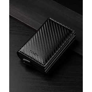VULKIT Pop Up Wallet Automatic Leather Slim Credit Card Holder RFID Blocking Metal Double Card Case for Men and Women Carbon Fiber Black