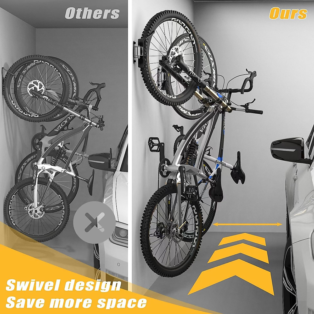 TORACK 2-Pack Swivel Bike Wall Hangers, Wall Mount Bike Hooks for Garage Vertical Space Saving Bike Wall Rack Garage Home Bike Storage